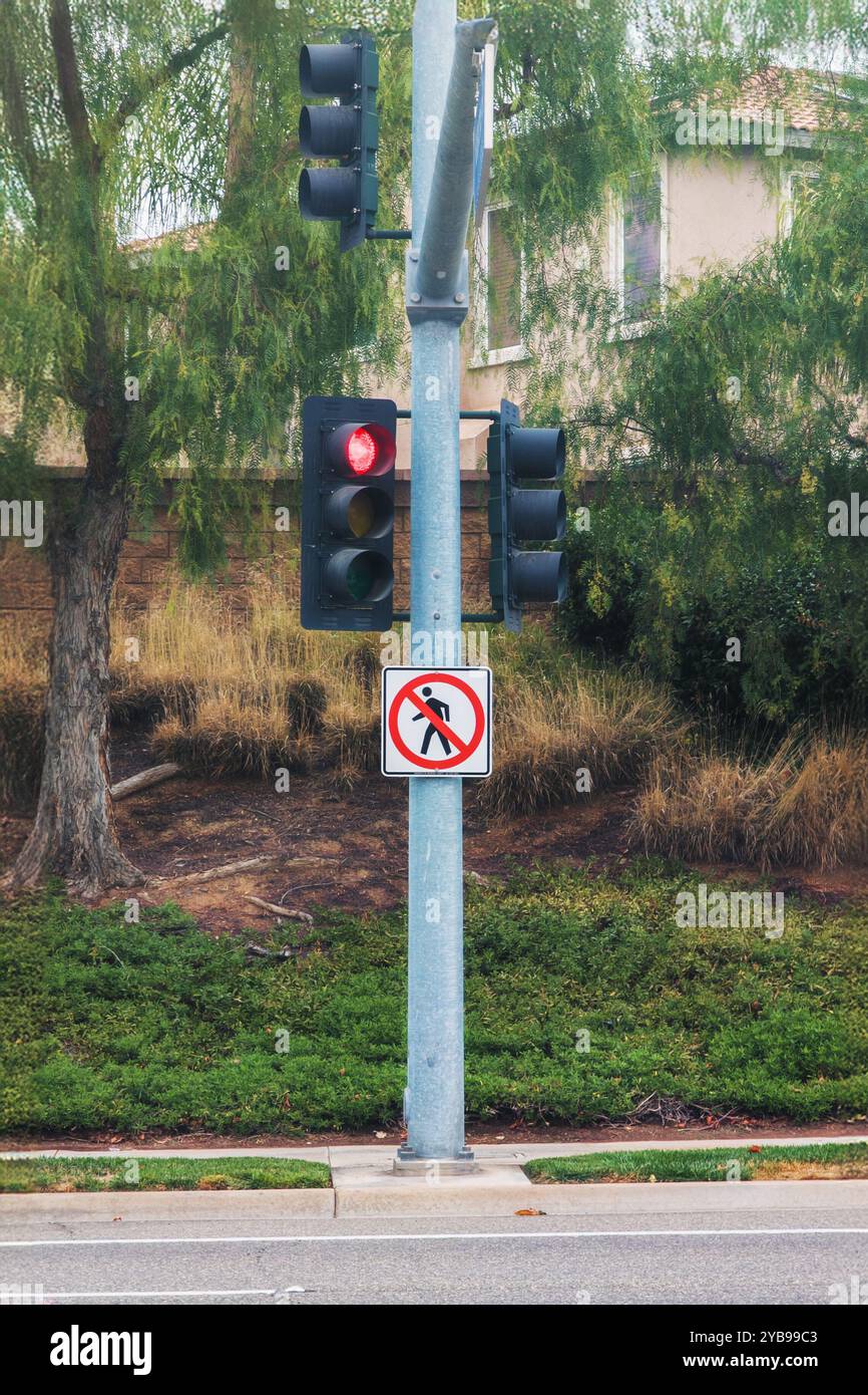 A no pedestrian crossing sign on traffic light pole Stock Photo - Alamy