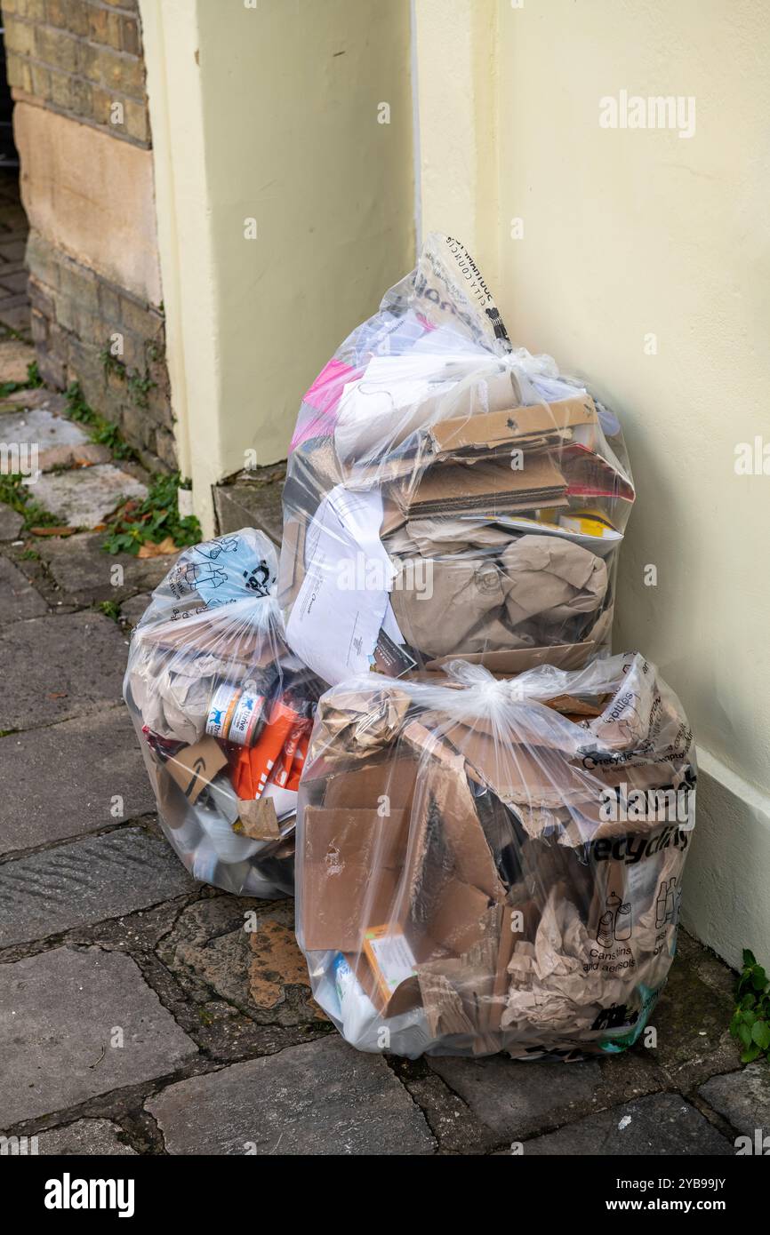 clear plastic bags full of recycling waste, recyclable materials in ...