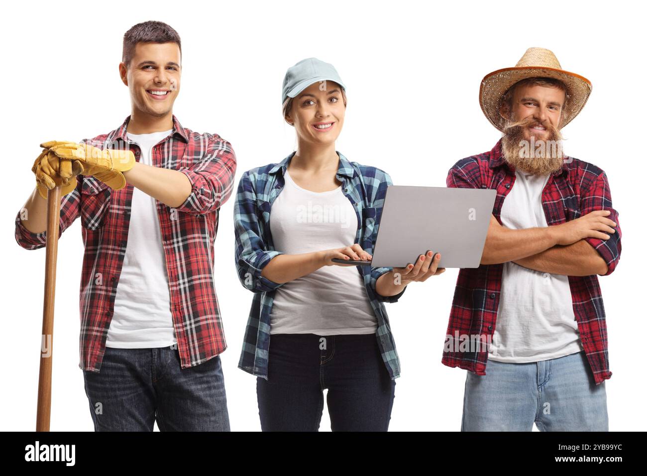 Group of young farmers with a laptop computer isolated on a white ...
