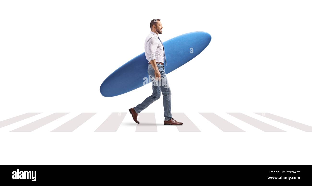 Businessman walking on a crossroad and carrying a surfboard isolated on ...