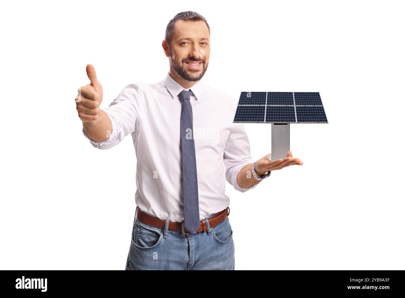 Professional man holding a small solar panel model and gesturing thumbs ...