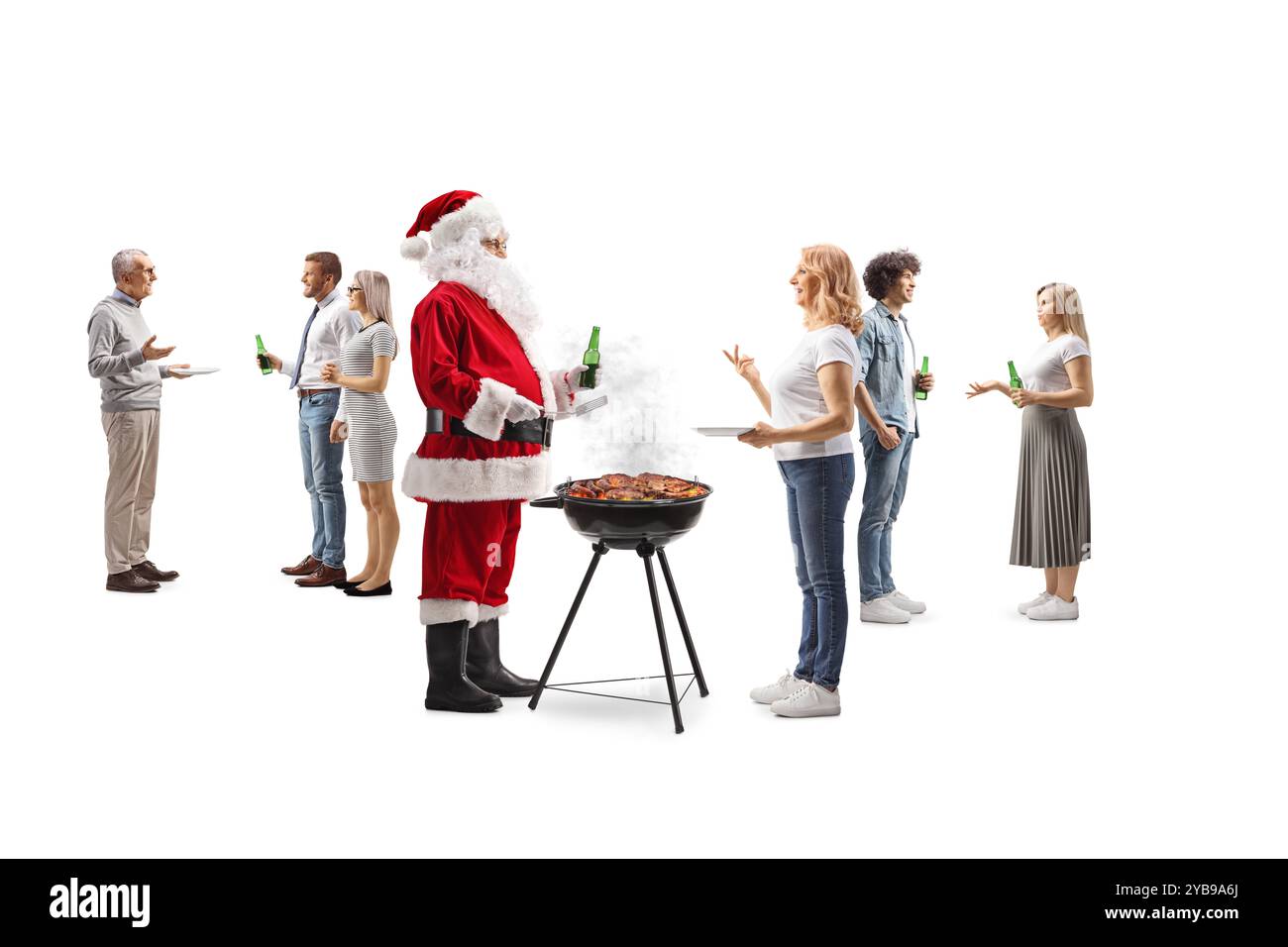 Santa claus grilling meat on a bbq at a party with many people isolated ...