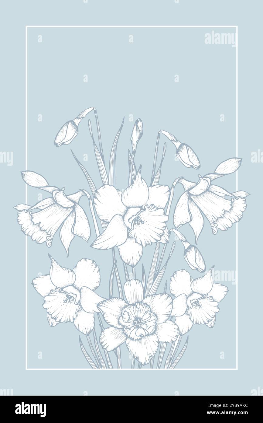 Vector Invitation card with illustration of daffodil hand-drawn flowers ...