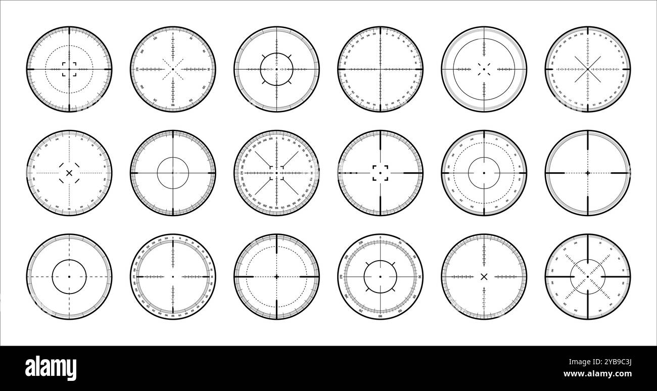Various sniper rifle sights with degree scale, weapon optical scope ...