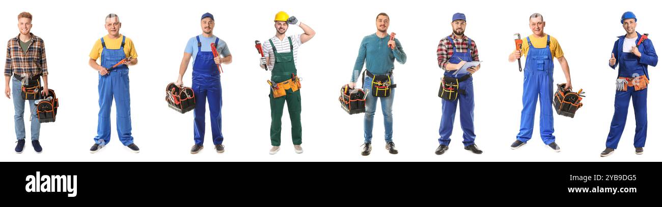 Set of plumbers on white background Stock Photo - Alamy
