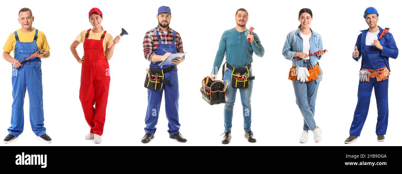 Set of plumbers on white background Stock Photo - Alamy