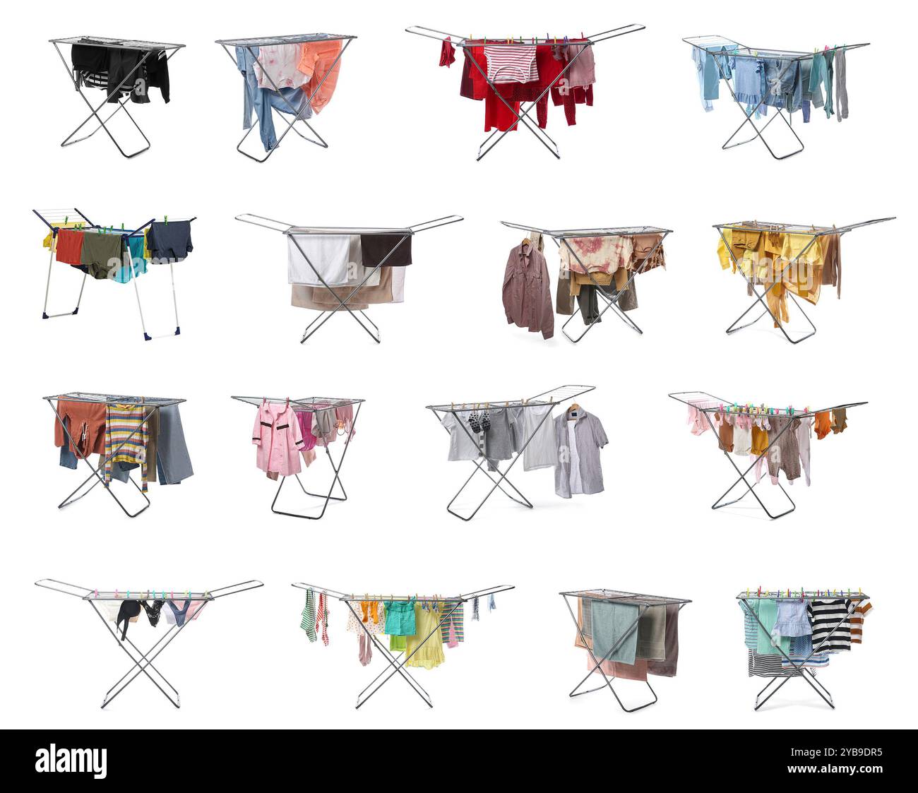 Set of dryers with different clean clothes on white background Stock ...