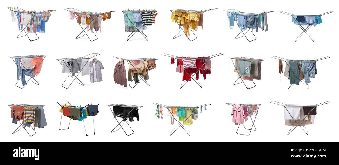 Set of many dryers with different clean clothes on white background ...