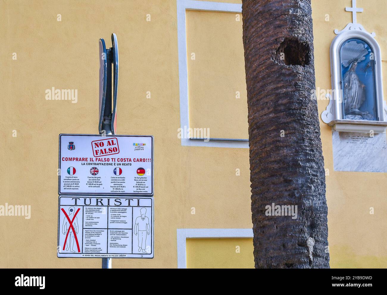 Ban sign with municipal rules prohibiting buying counterfeit goods and ...
