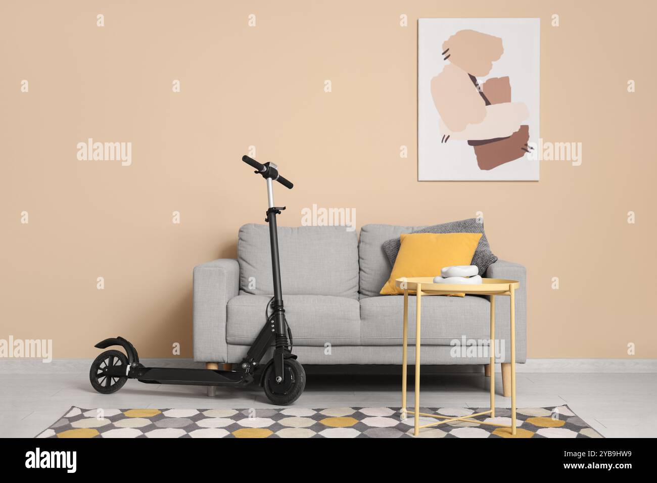 Interior of living room with electric scooter, sofa and table Stock ...