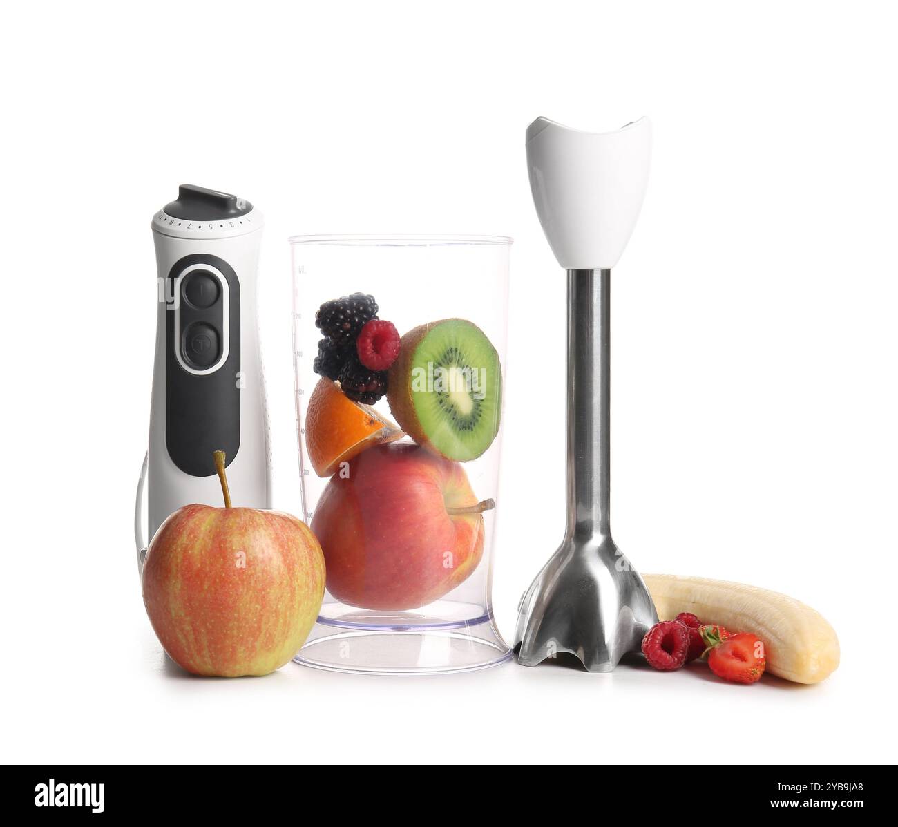 Modern blender with berries and fruits on white background Stock Photo ...