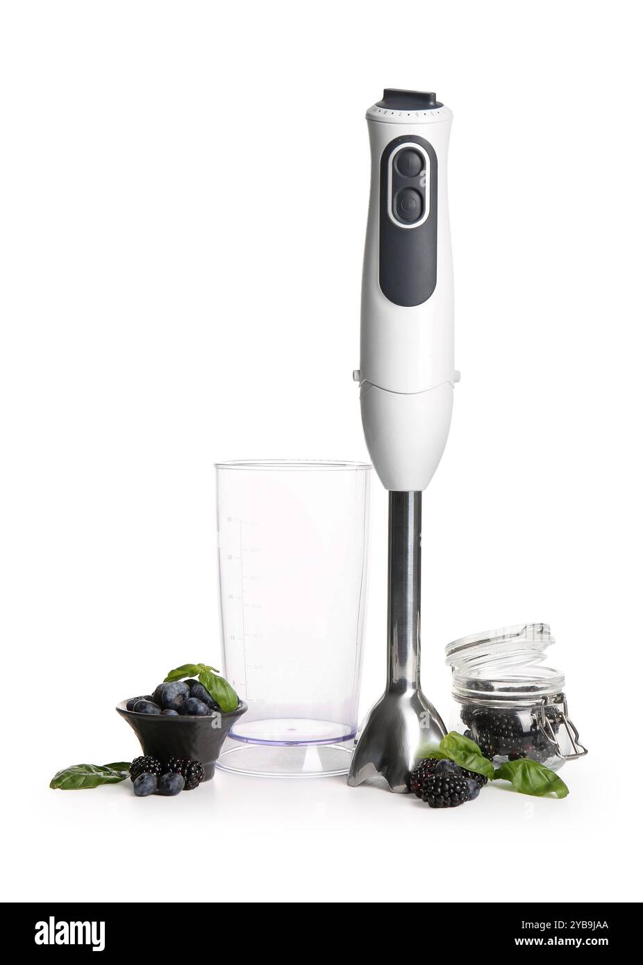 Modern blender with berries and basil on white background Stock Photo ...
