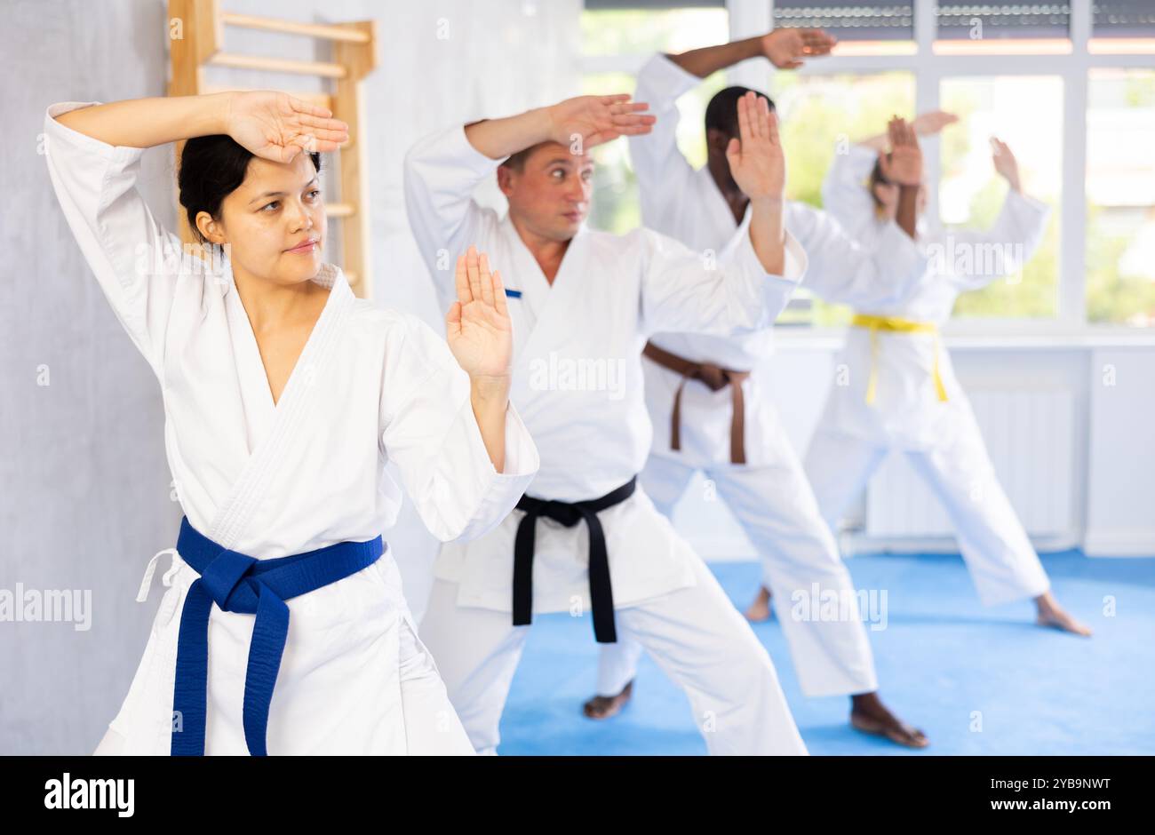 Women and men in kimono in fight stance during group karate training ...