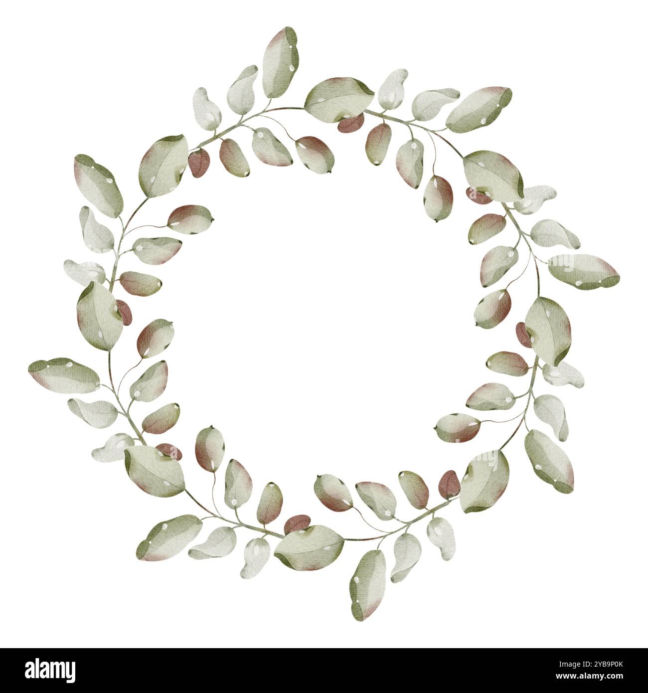 Watercolor wreath greenery. Hand drawn botanical round Frame with ...