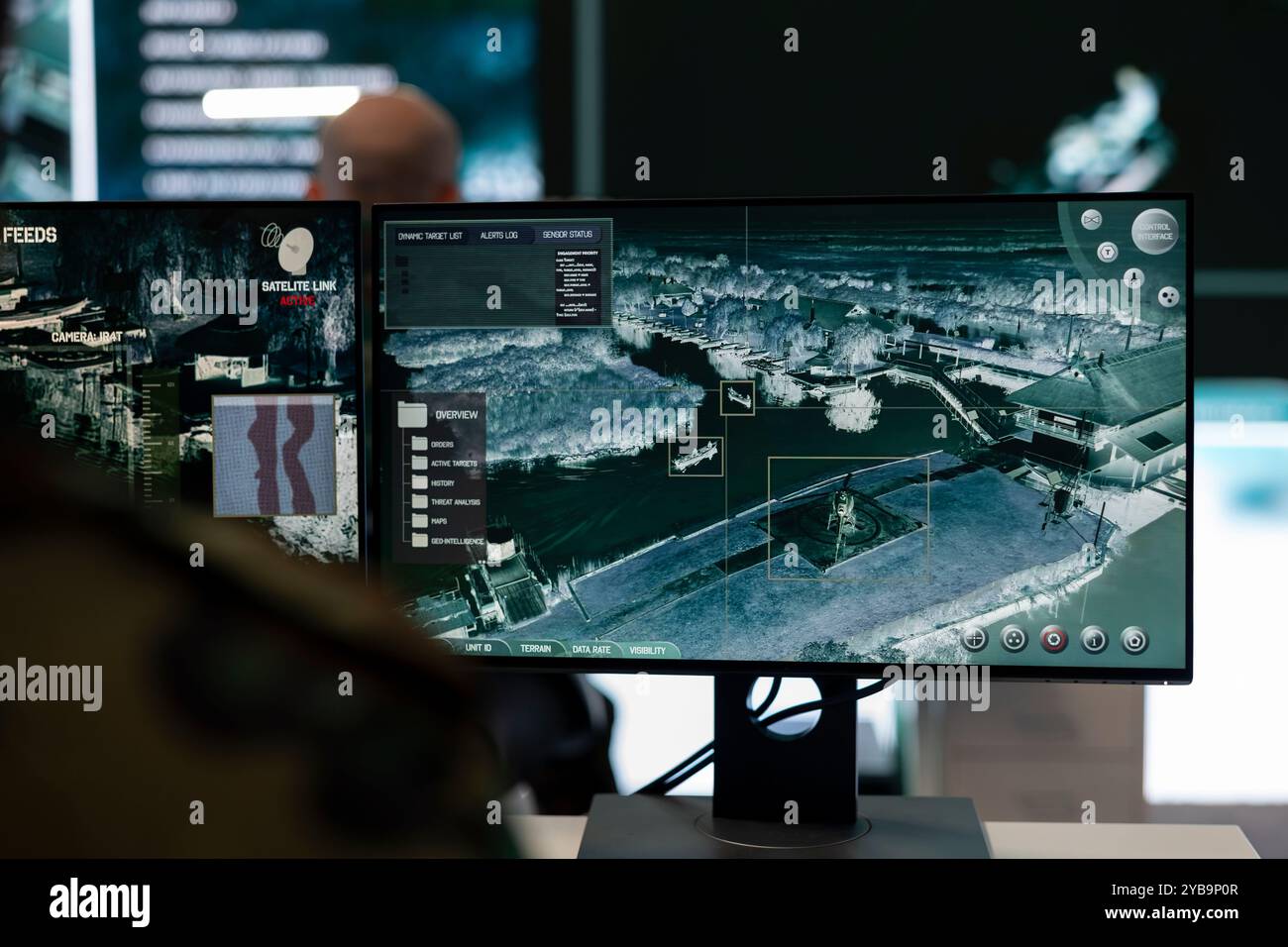 Military personnel working in reconnaissance control tower army base ...