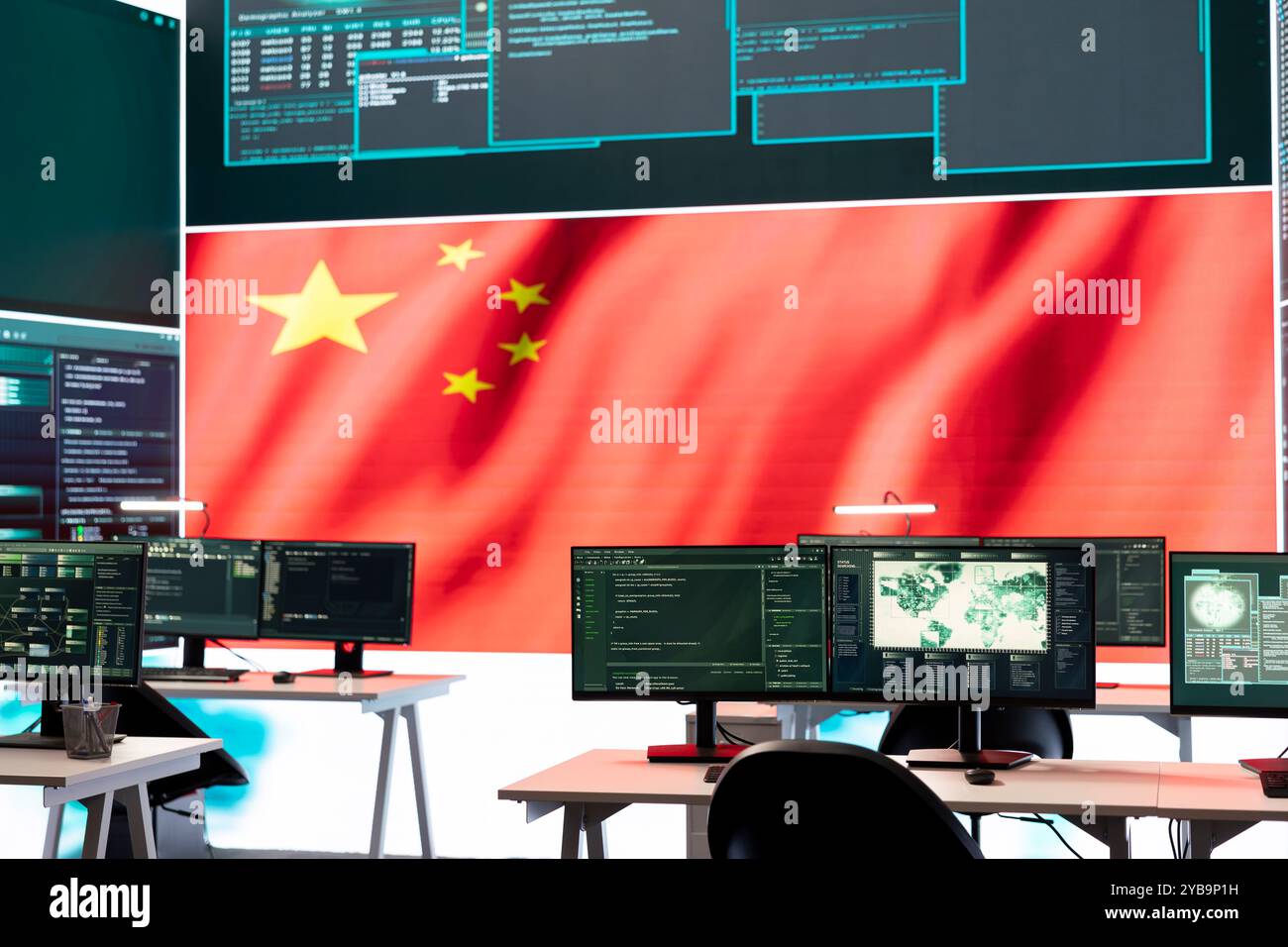Empty Governmental Hacking Room With Chinese Flag On A Big Screen