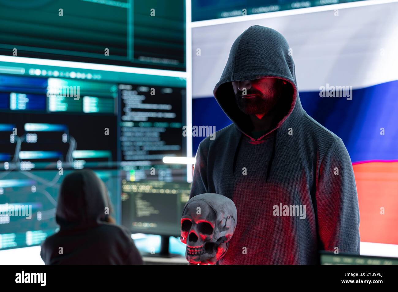 Russian hackers creating dark web maniac cybercrime in a control room ...