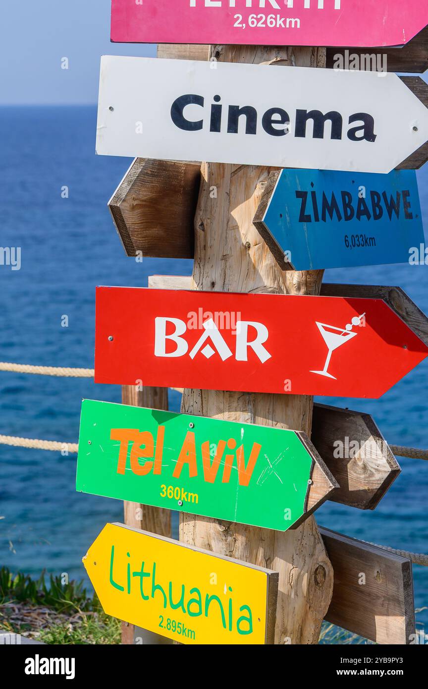 Vibrant wooden signs point towards diverse locations like Tel Aviv and ...