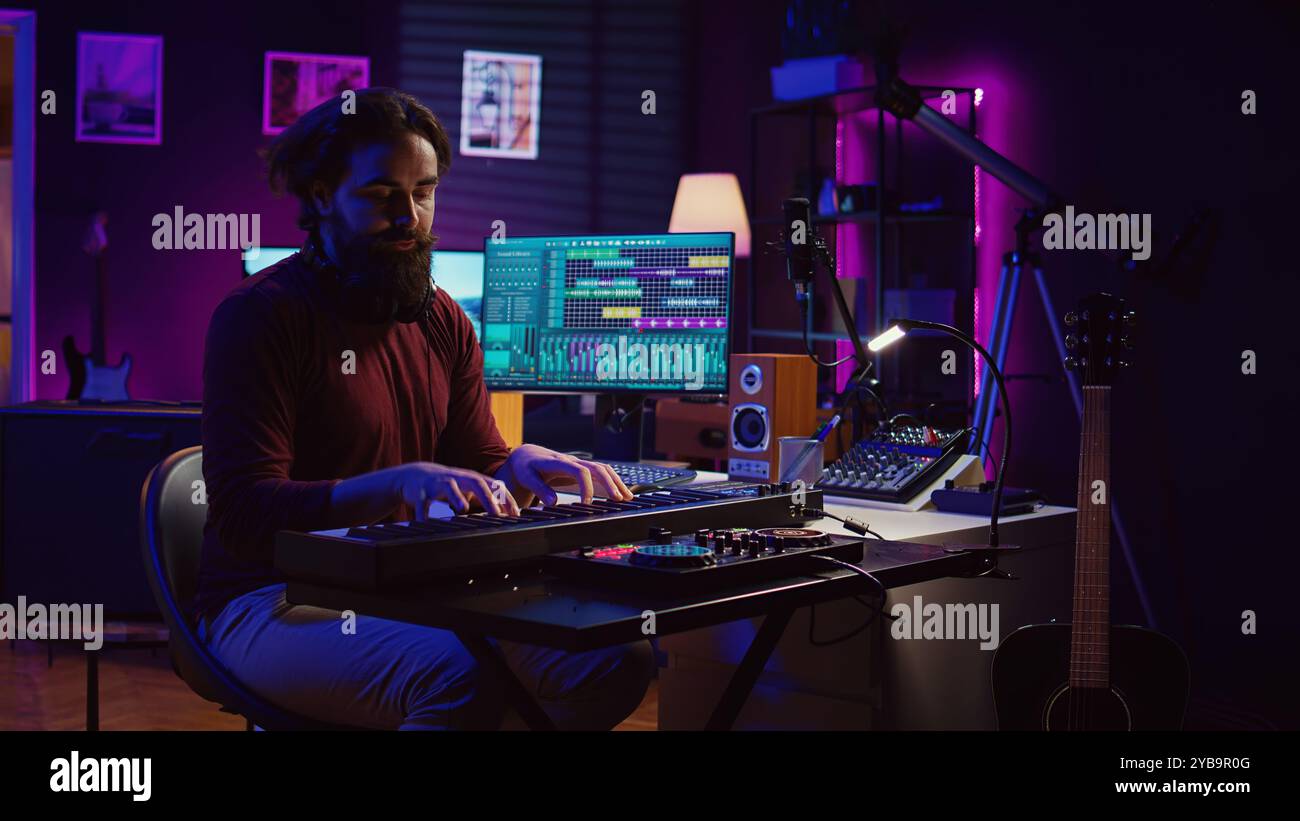 Sound Engineer Playing Electronic Piano Keyboard And Recording Sounds