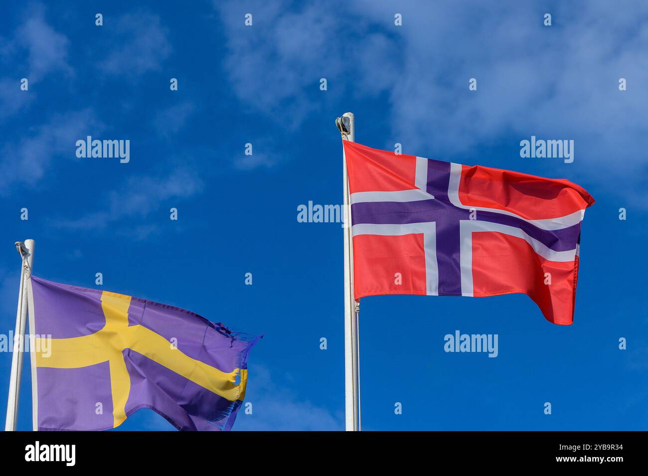 The vibrant flags of Norway and Sweden flutter in the breeze under a ...
