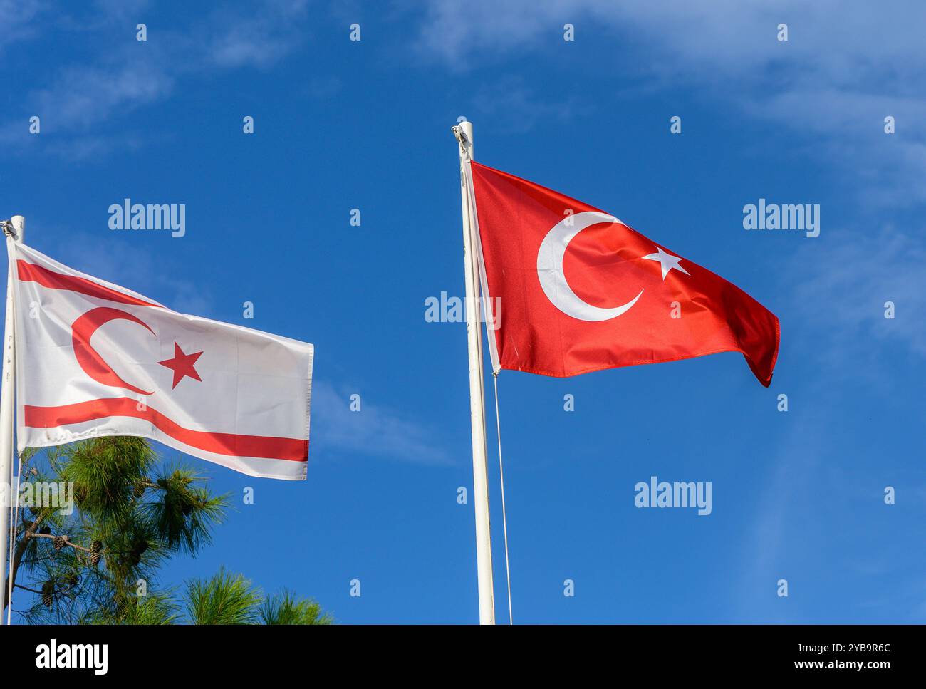 Two flags, one representing Turkey and the other the Turkish Republic ...