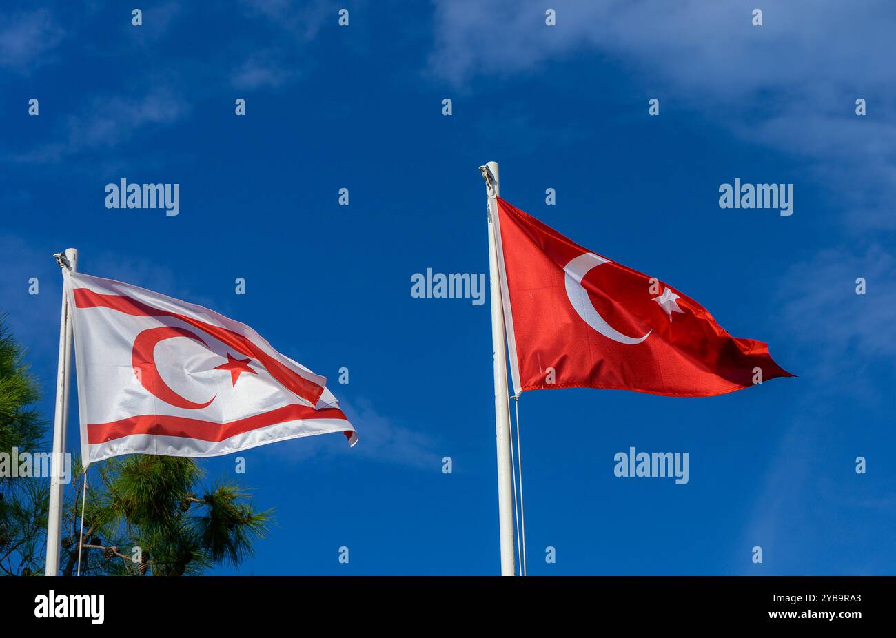 Flags of Turkey and the Turkish Republic of Northern Cyprus flutter in ...