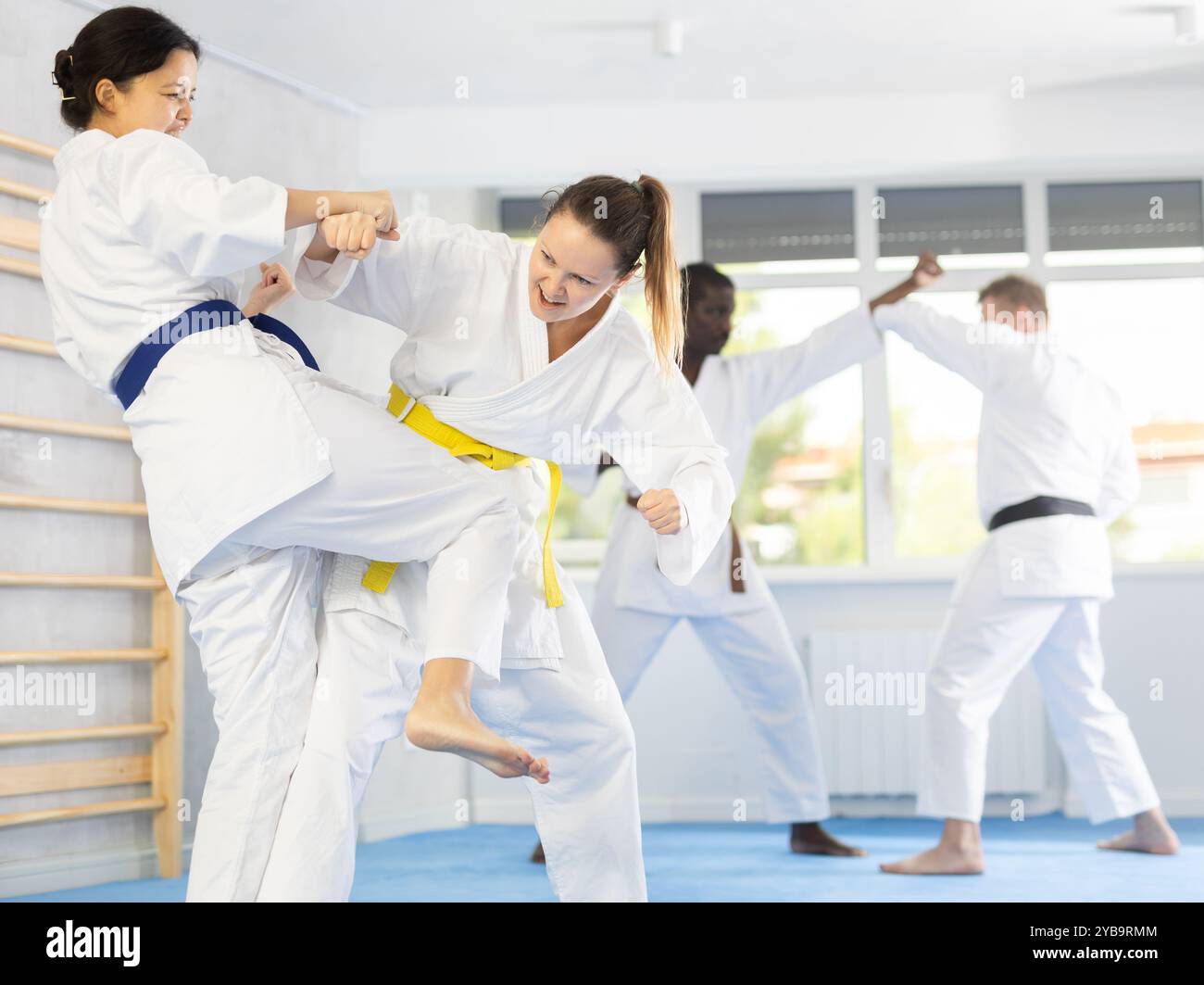 Middle-aged woman attendee of karate classes fighting with her opponent ...