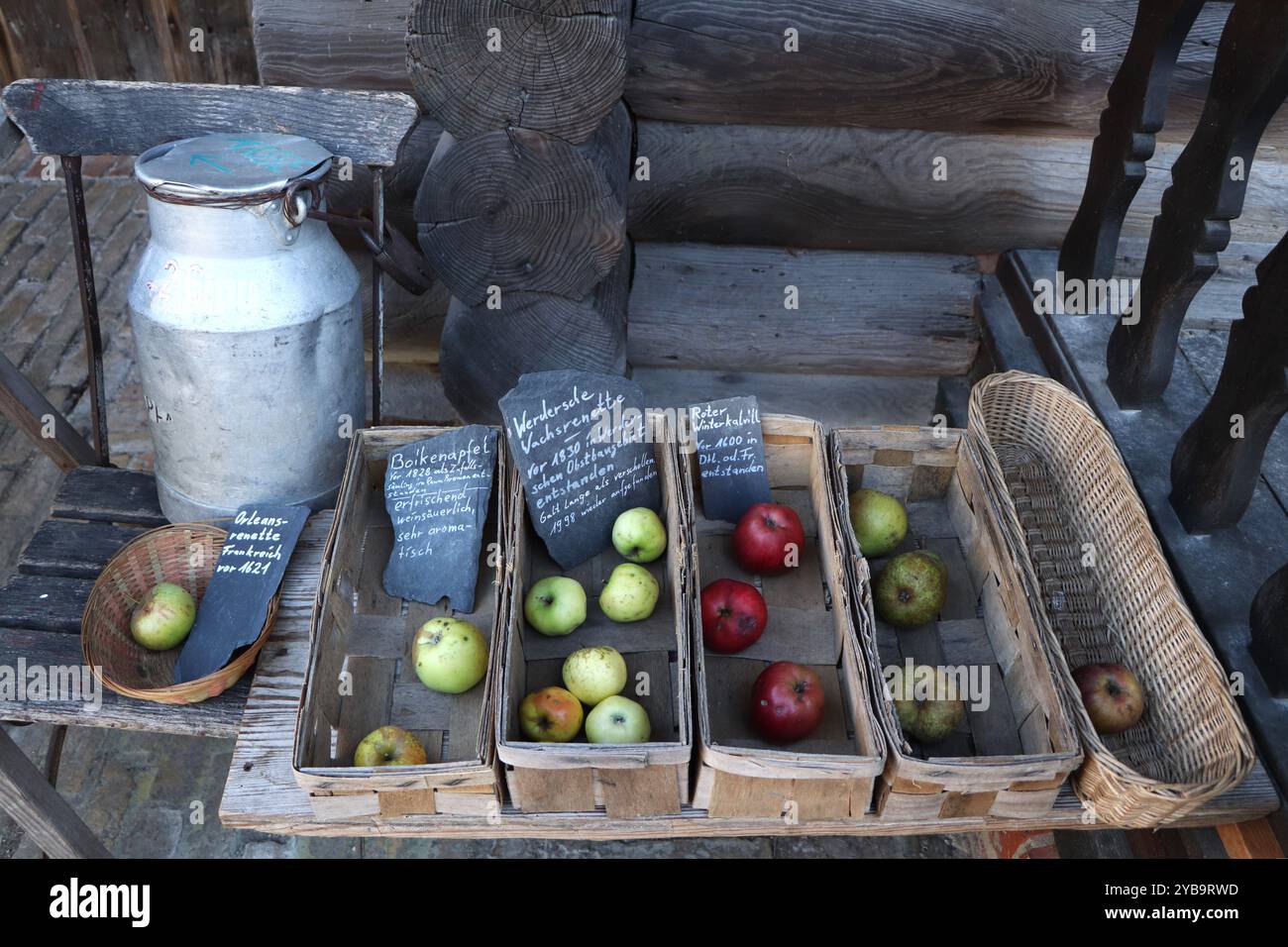 rustic outdoor display of apples in wooden baskets next to vintage milk ...