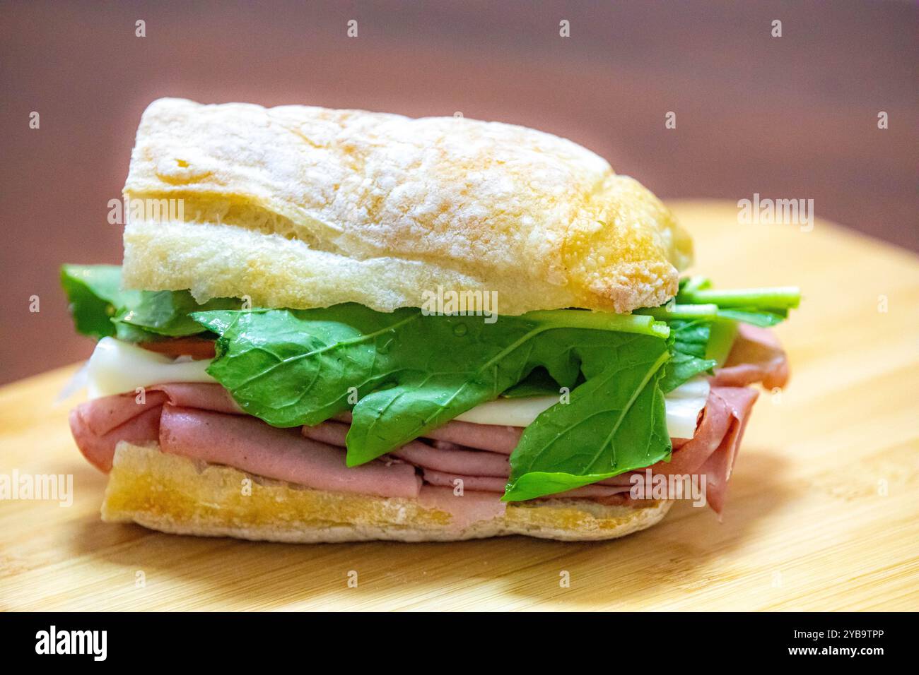 Italian mortadella bologna sandwich with arugula, tomato and cheese on ...