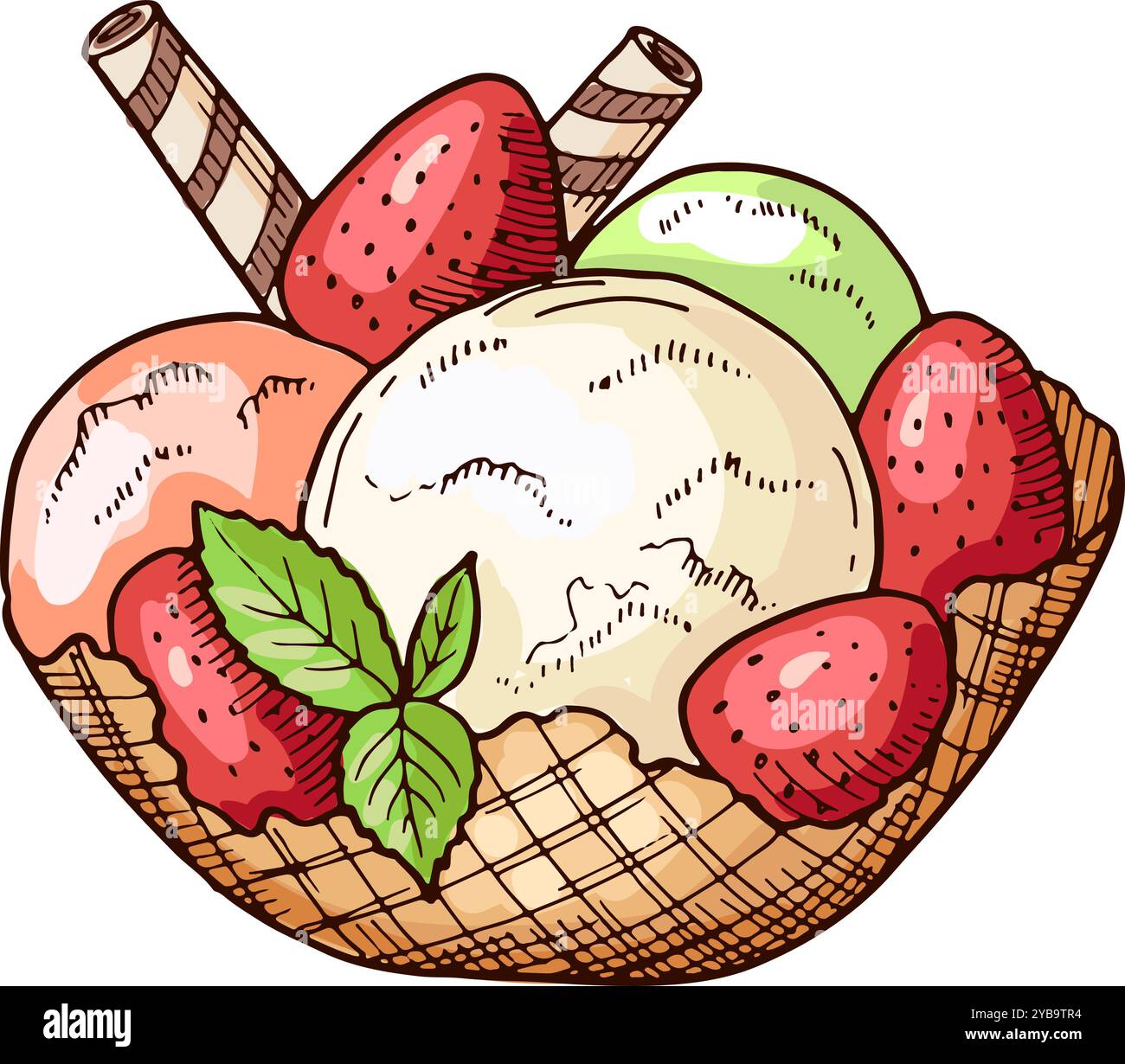 Strawberry sundae. Color sketch waffle with ice cream scoops Stock ...
