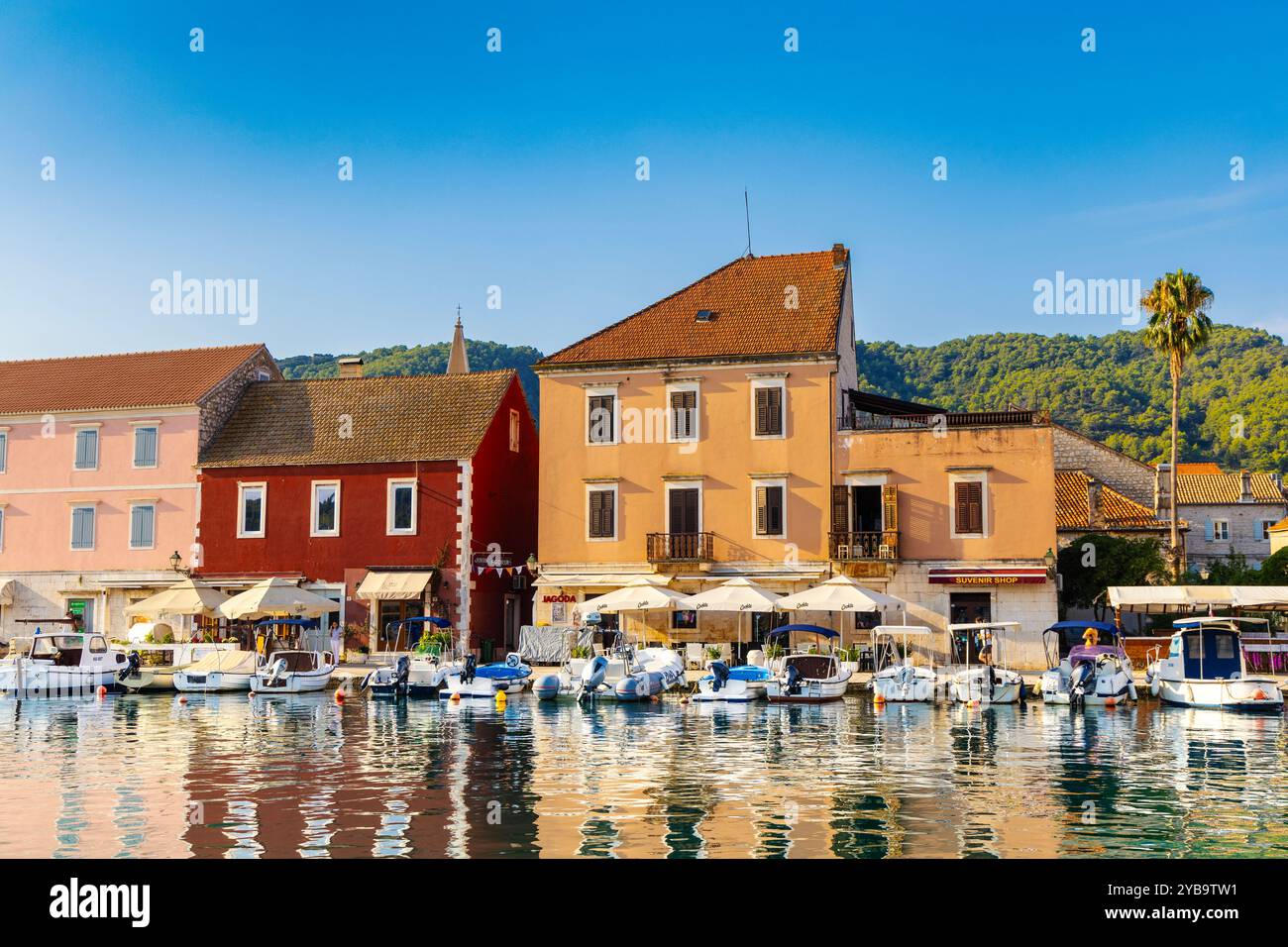 Colourful houses along the waterfront and marina, Stari Grad, Hvar ...