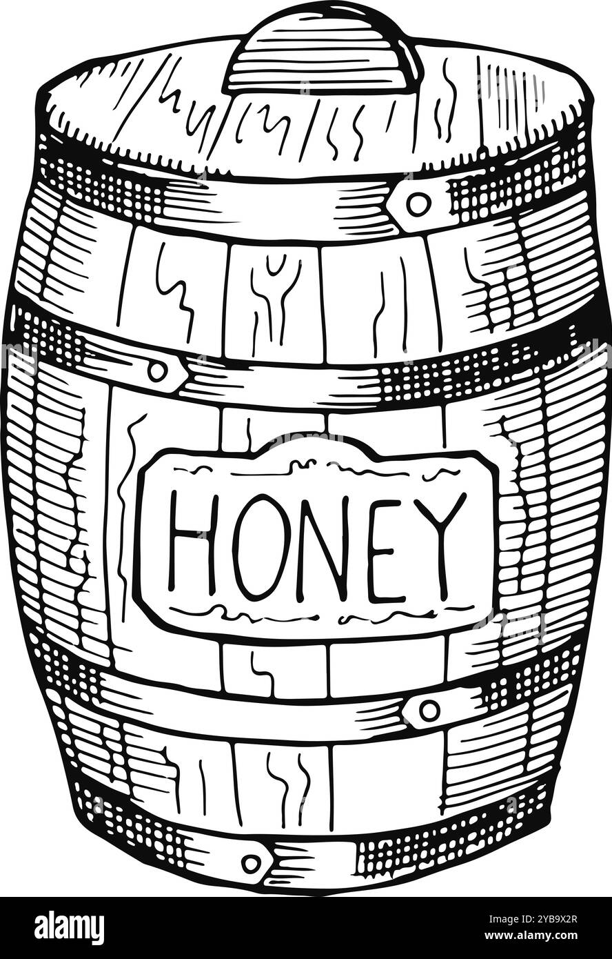 Honey barrel engraving. Wooden natural product container Stock Vector ...