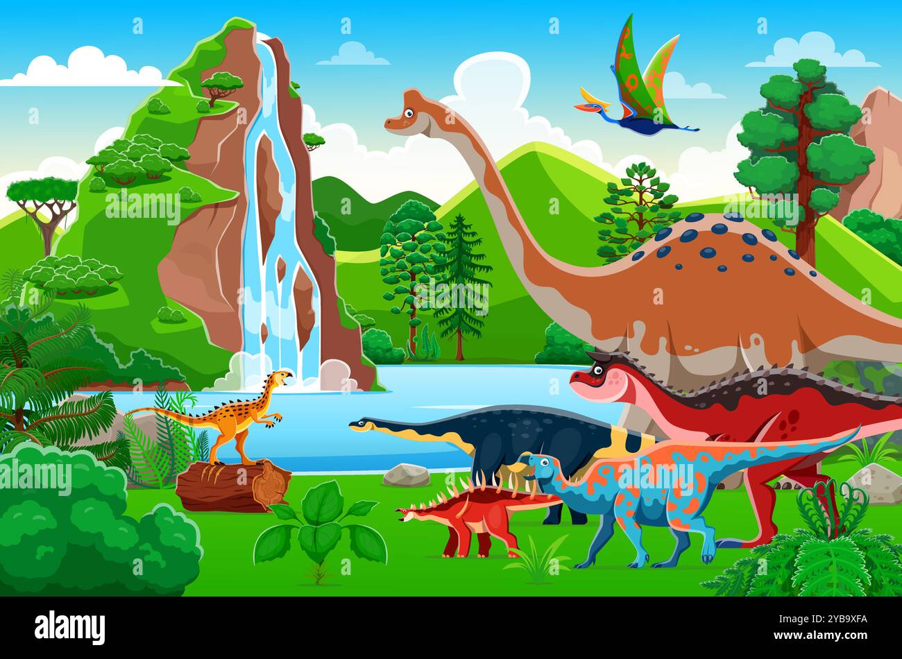 Prehistoric era landscape with dinosaurs and waterfall. Vector engaging ...