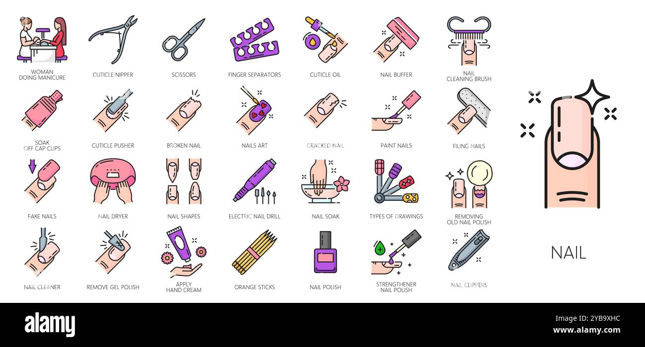 Nail manicure service color line icons. Vector outline nail polish and ...