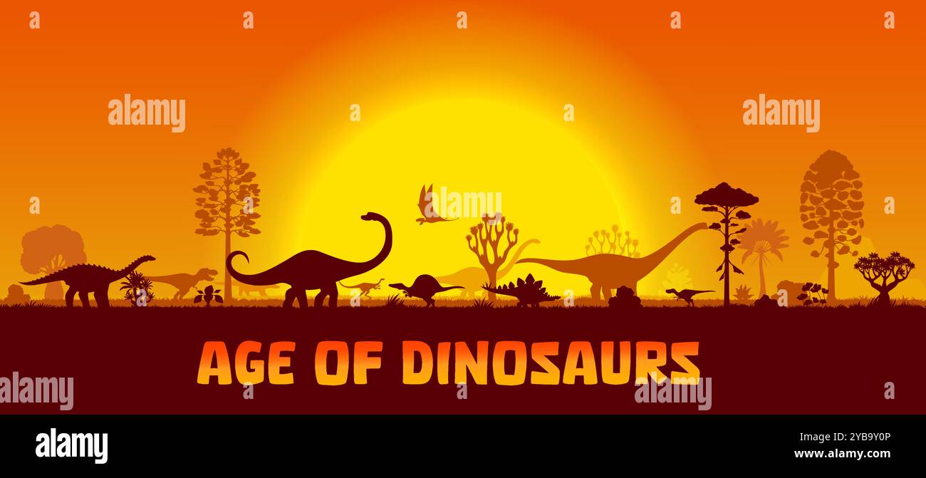 Dinosaurs silhouettes on sunset landscape. Prehistoric animals on dusk ...