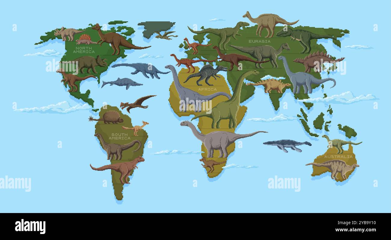 Dinosaurs infographics in 8 bit retro pixel art style. Vector ...