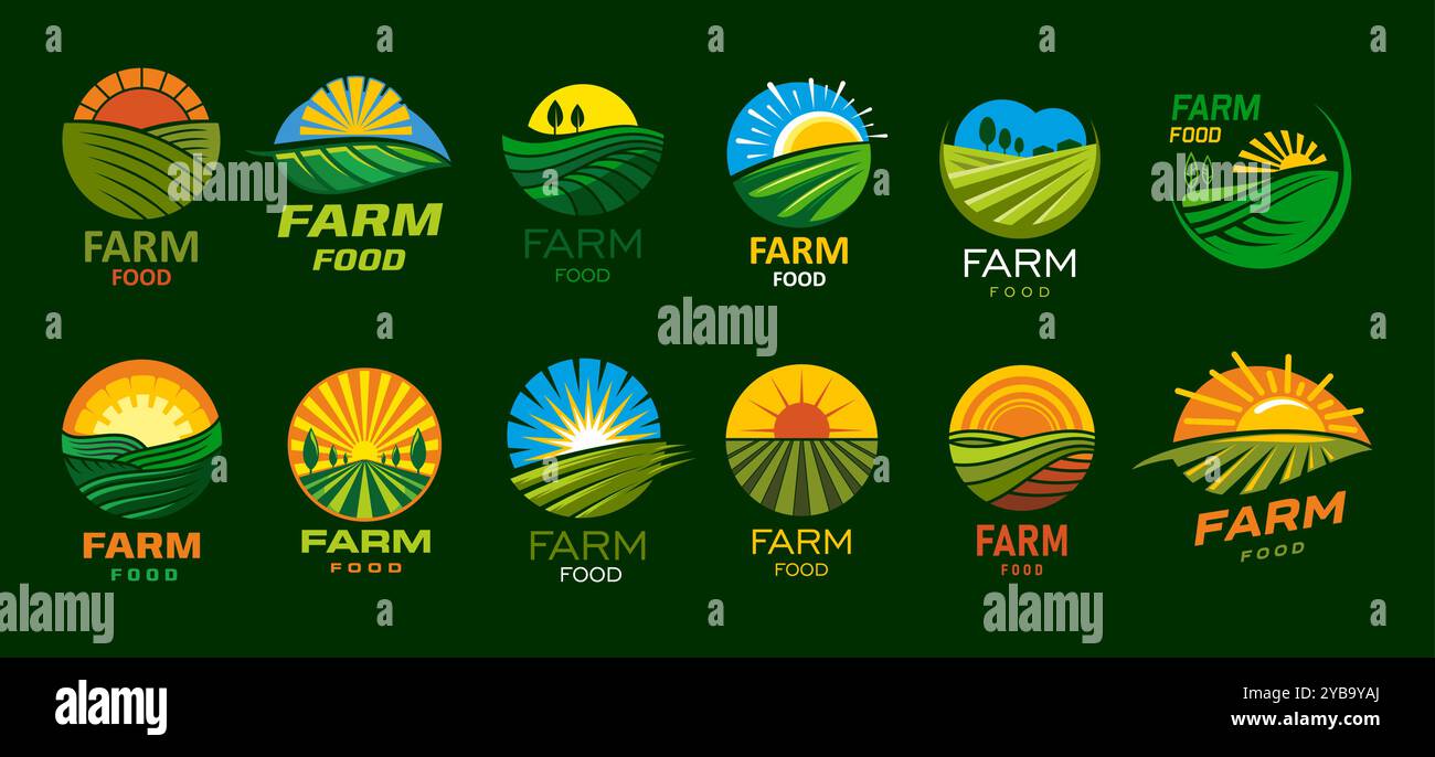 Agriculture farm food icons with green field, sun and sky. Vector rural ...
