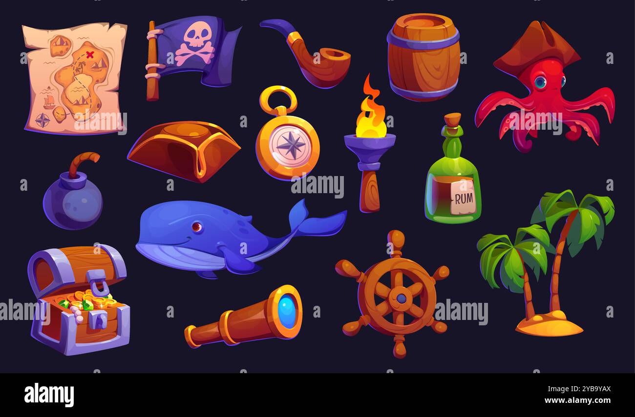 Cartoon pirate game asset icons for Caribbean adventure of treasure ...