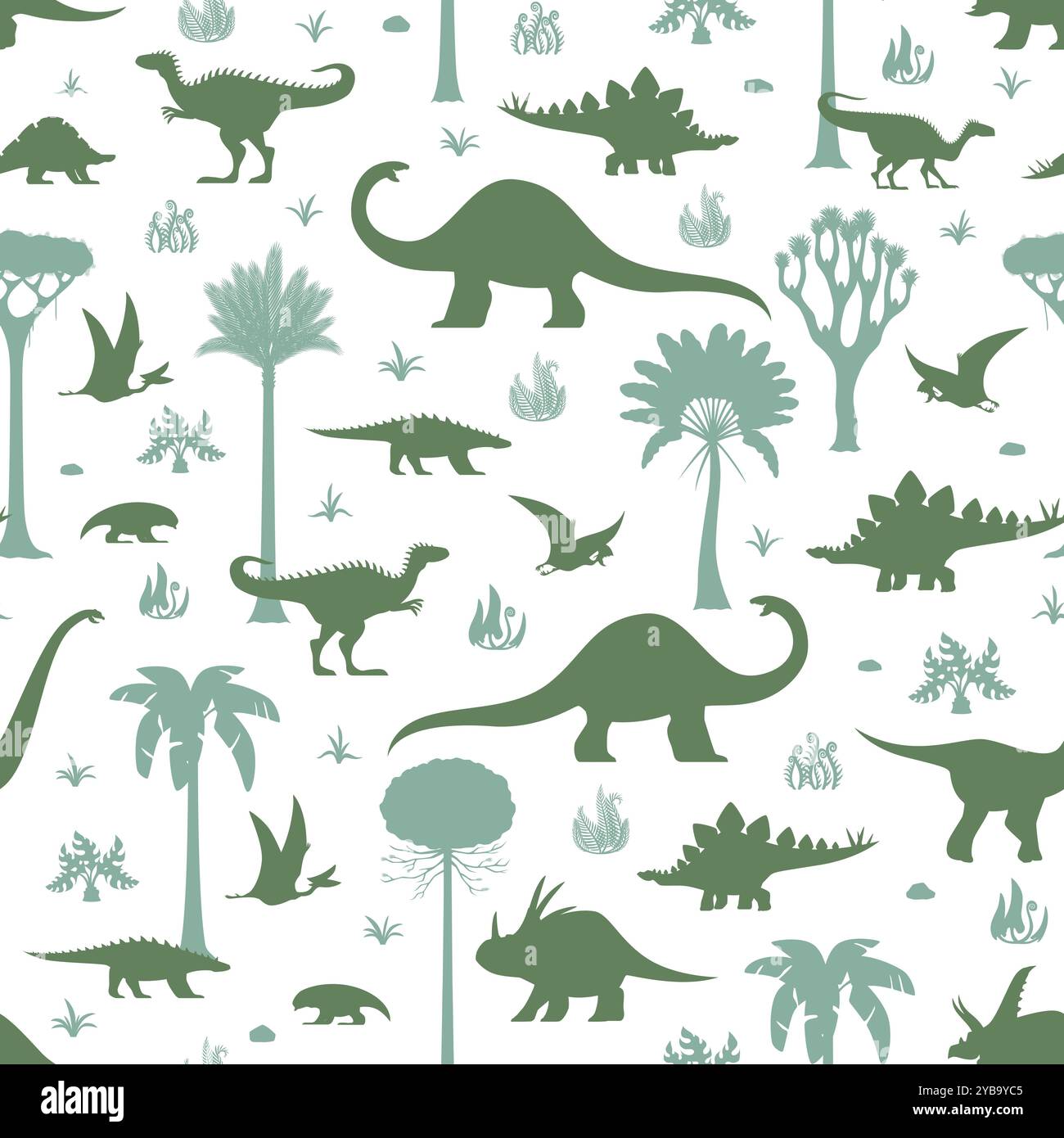Prehistoric dinosaurs seamless pattern with light green silhouettes of ...