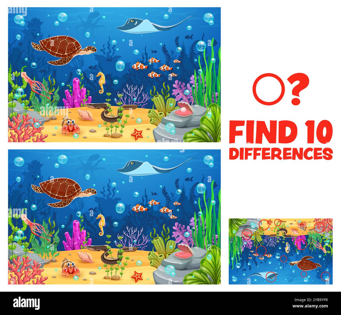 Kids game worksheet, find ten differences on underwater landscape ...