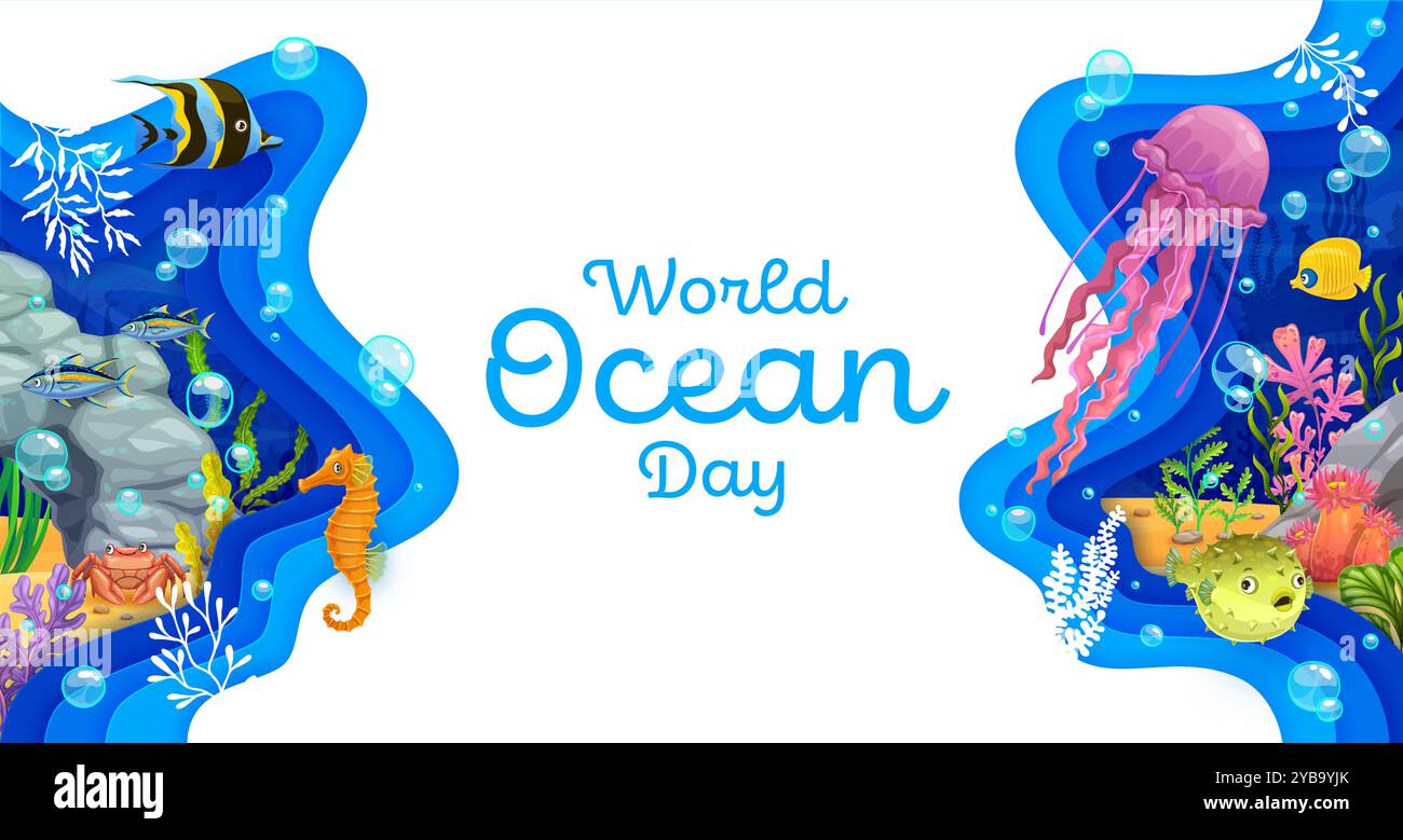 World ocean day paper cut banner with underwater landscape and cartoon ...