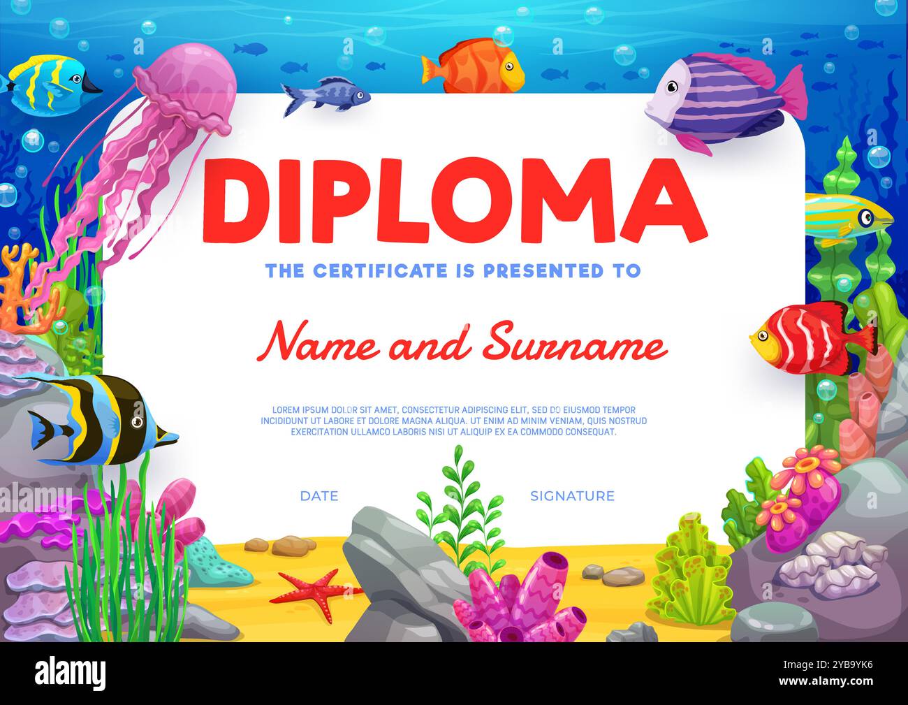 Kids diploma with sea fishes and underwater landscape. Vector ...