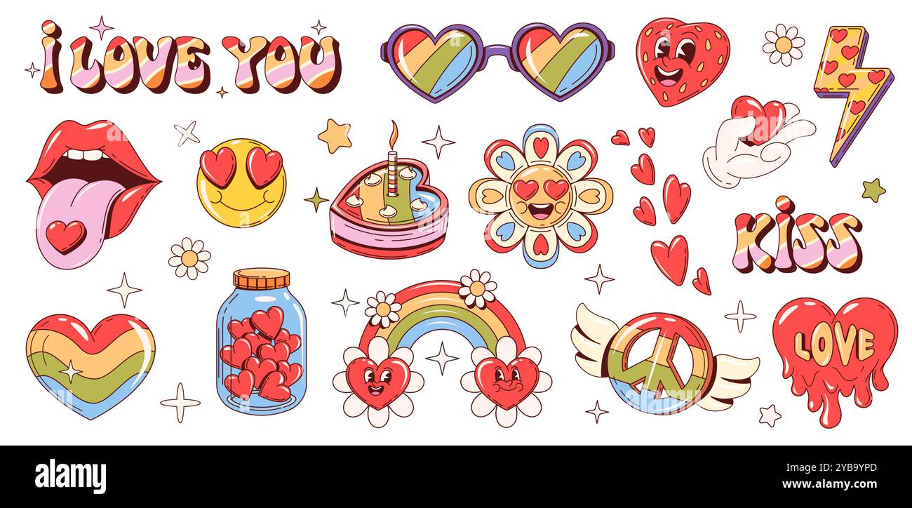 Retro y2k groovy love symbols and vintage hippie stickers set. Vector ...