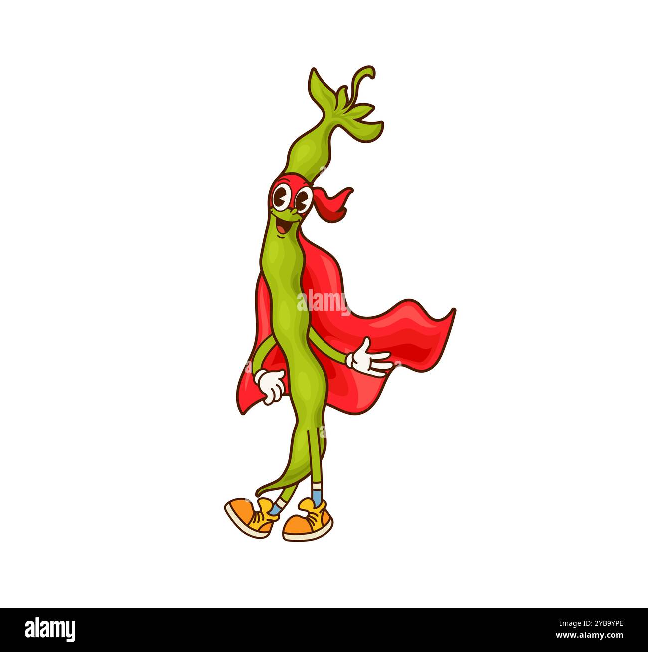 Cartoon groovy legume or bean pod character dressed as a superhero with ...