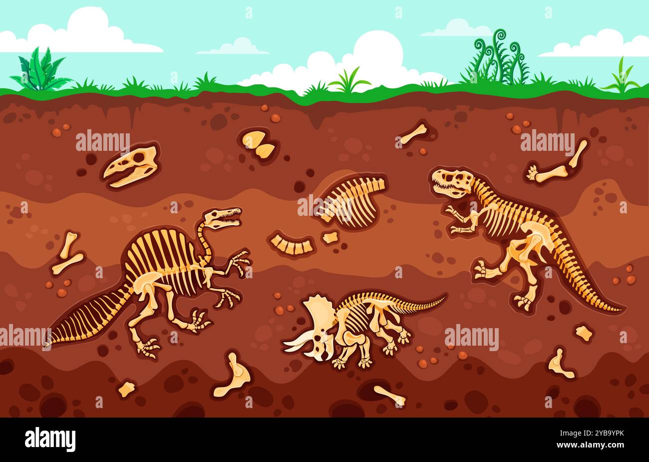 Dinosaur fossil in soil layers, archeology and paleontology excavation ...