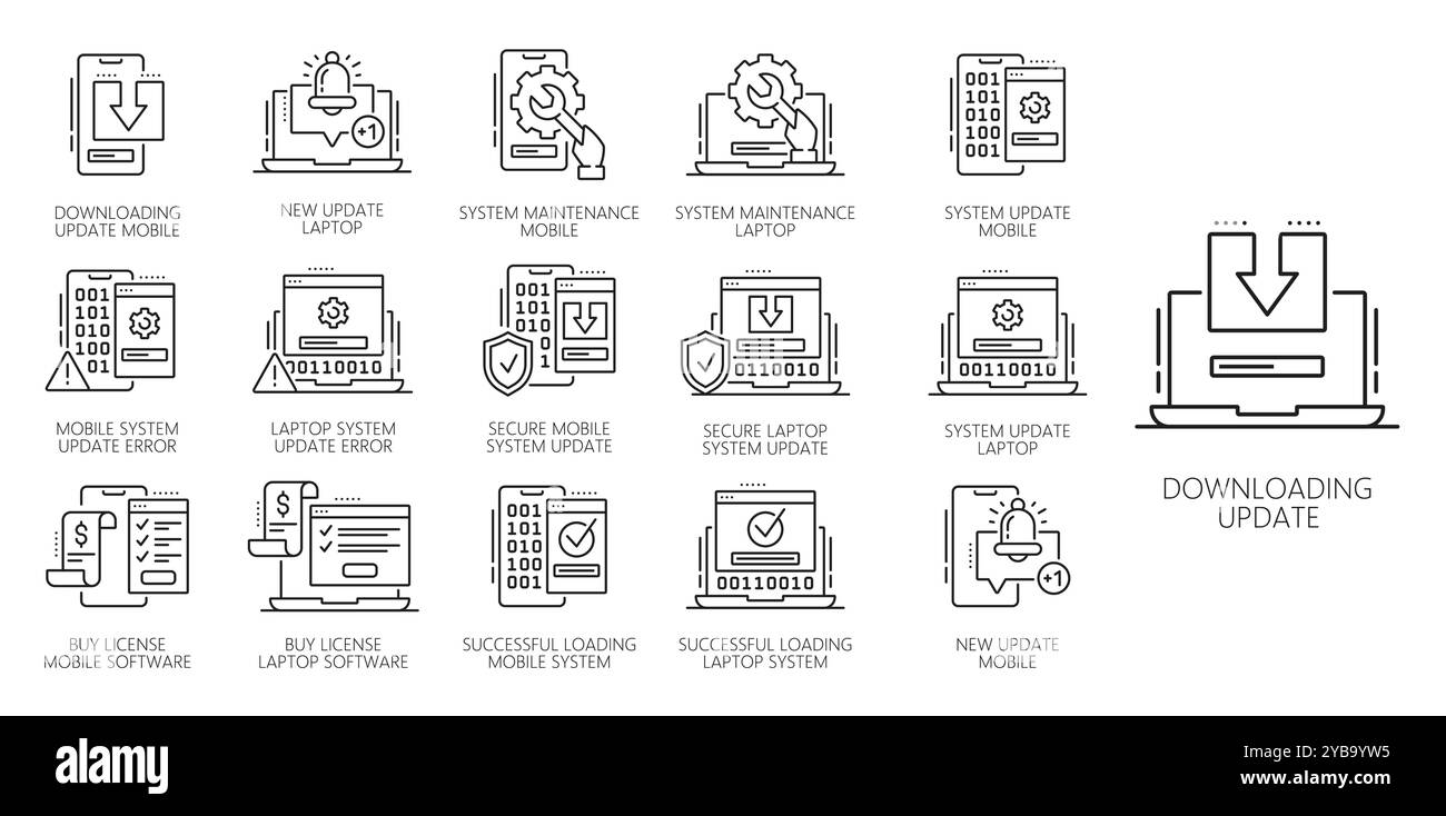 Update software app line icons for computer or mobile phone application, vector pictograms ...