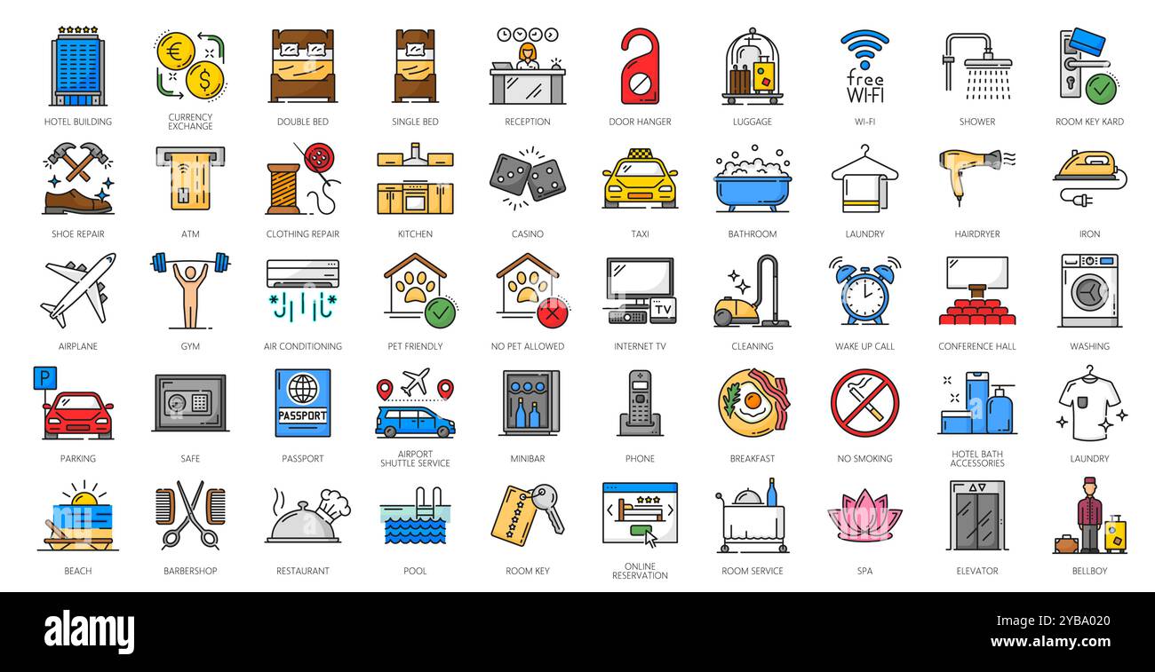 Hotel service color line icons of travel, vacation and tourism. Vector ...