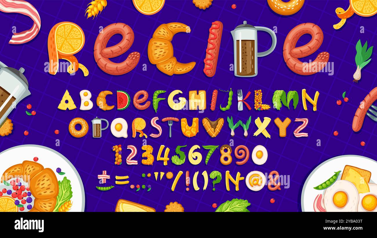 Breakfast food font, healthy type, lunch typeface, appetizing alphabet ...