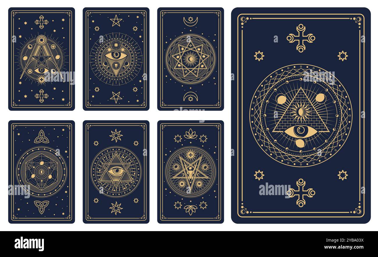 Mystic tarot cards with vector line celestial frames and magic esoteric ...