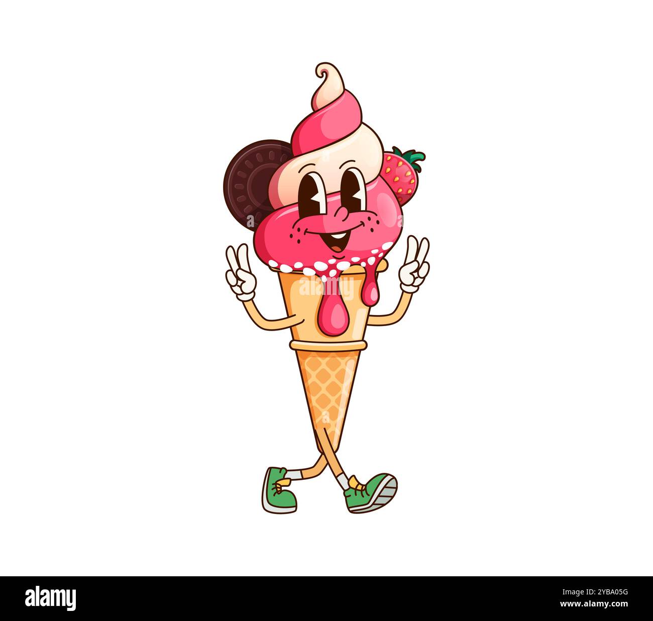 Playful cartoon groovy ice cream cone character with cheerful smile ...